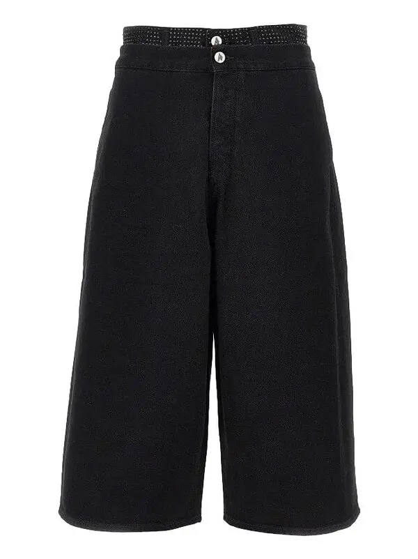 Attico Cropped Denim Pants With Rhinestones - Black