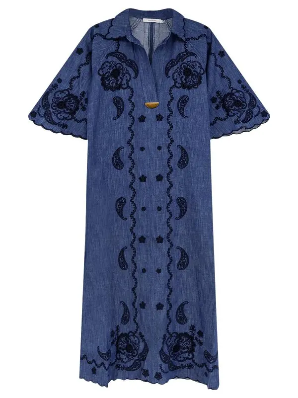Zimmermann Aster Long Denim Dress With Contrasting Embroidery - Multicolor