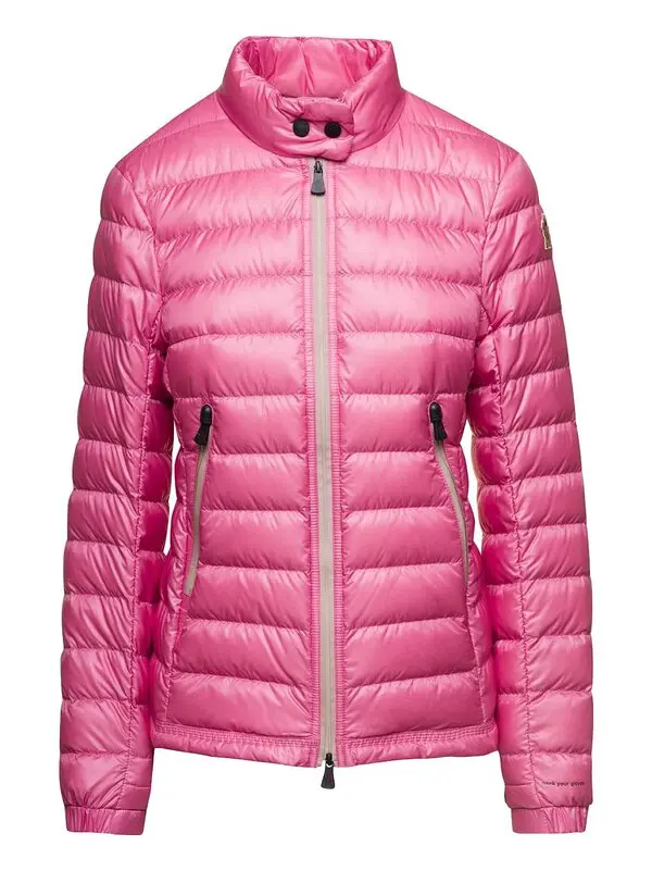 Moncler Walibi' Pink Down Jacket With Logo Patch In Polyamide - Multicolor