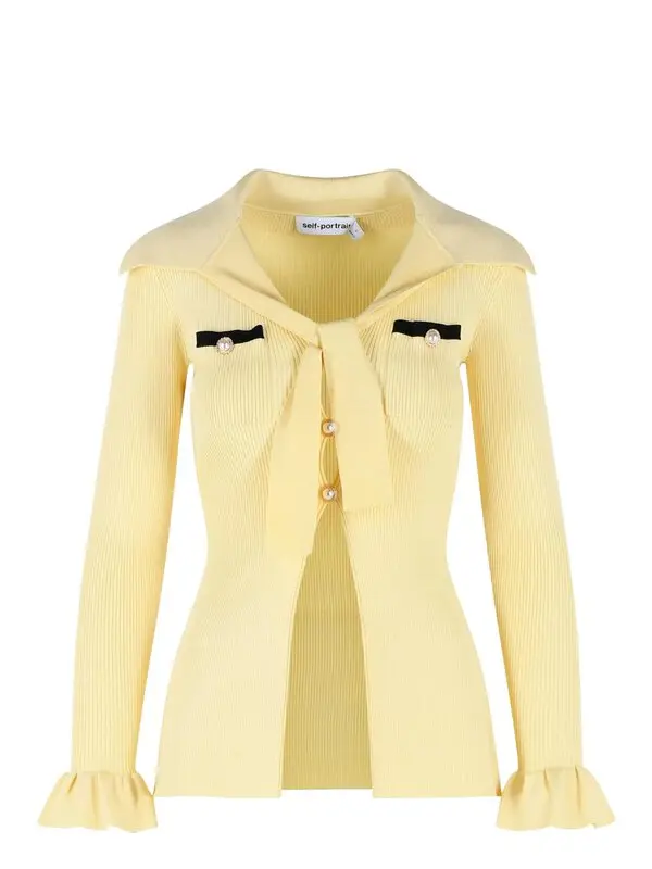 SELF-PORTRAIT Viscose Blend Ribbed Knit Top With Lacing - Yellow