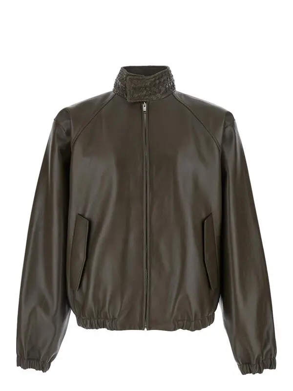 Bottega Veneta Green Jacket With High Collar With Intreccio Motif In Leather For - Multicolor