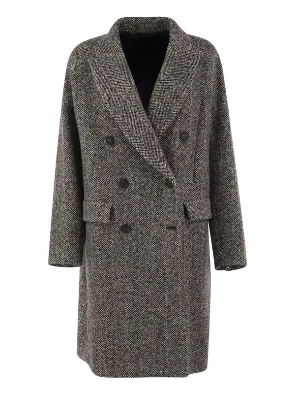 Brunello Cucinelli Double-breasted Herringbone Wool Coat With Sequins - Black