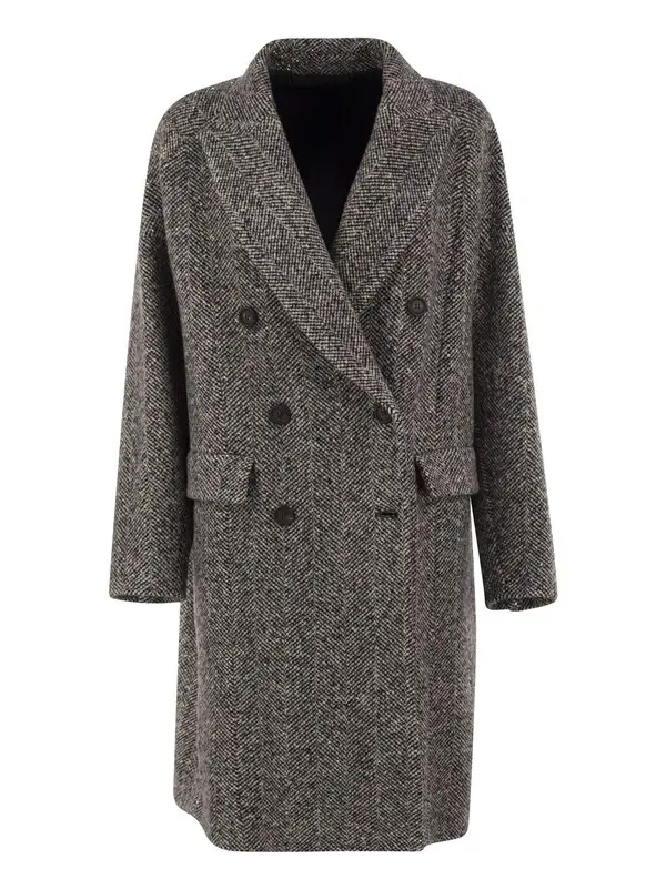 Brunello Cucinelli Double-breasted Herringbone Wool Coat With Sequins - Black