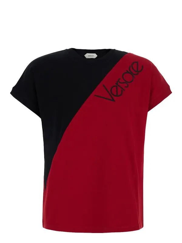 Versace Black And Red Color-block T-shirt With Logo Lettering On The Front In Stretch Cotton For - Multicolor