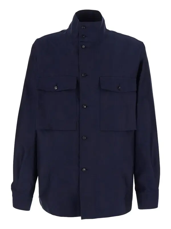 Bottega Veneta Blue Jacket With High Collar And Front Pockets In Cotton And Silk For - Multicolor