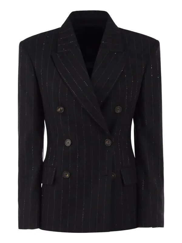 Brunello Cucinelli Double-breasted Pinstripe Blazer With Sequins - Blue