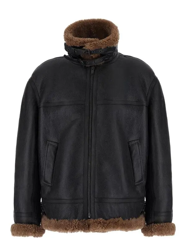 Saint Laurent Leather Jacket With Removable Collar And Shearling Lining - Multicolor