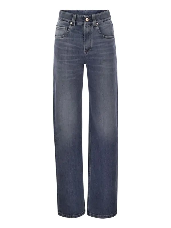 Brunello Cucinelli Contemporary Loose Trousers In Comfort Cotton Denim With Jewellery - Blue