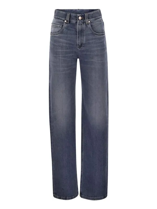 Brunello Cucinelli Contemporary Loose Trousers In Comfort Cotton Denim With Jewellery - Blue