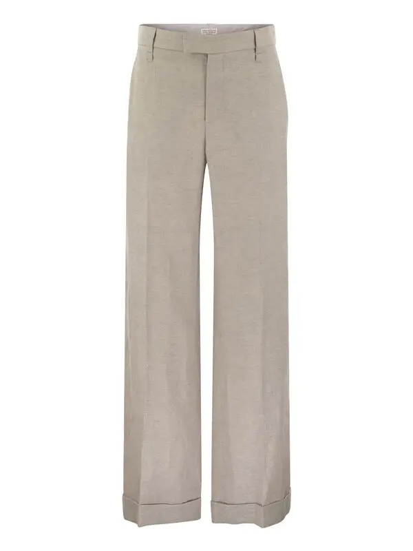 Brunello Cucinelli Flared Loose-fitting Trousers In Sparkling Linen Twill With Necklace - Multicolor