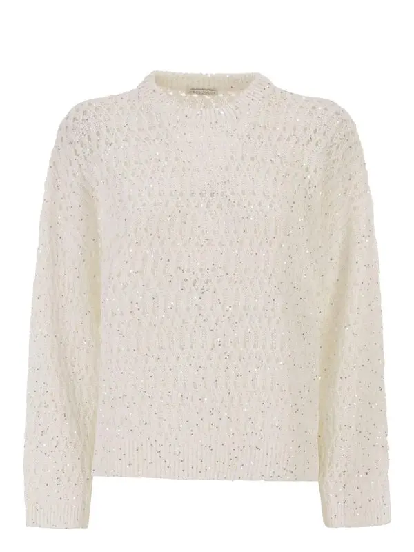 Brunello Cucinelli Linen Openwork Crew Neck Jumper With Sequins - White
