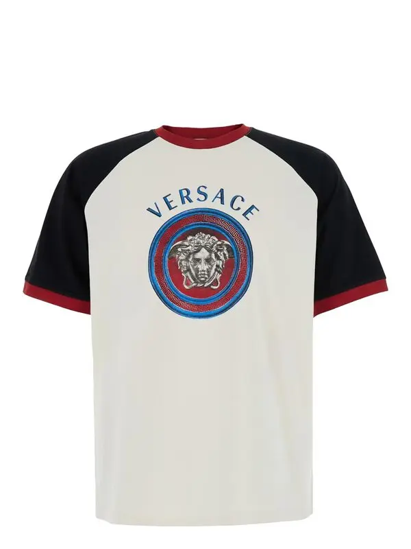 Versace Crew Neck T-shirt With Logo Lettering And Medusa Embroidery On The Front In Cotton For - Multicolor