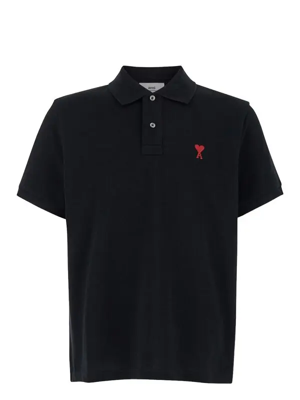 AMI Paris Polo Shirt With Embroidered Adc Logo On The Front In Cotton For - Black