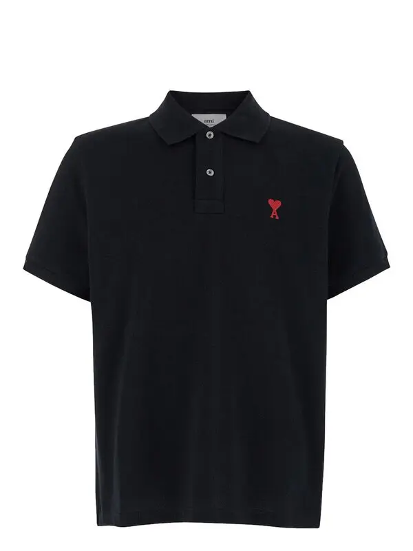 AMI Paris Polo Shirt With Embroidered Adc Logo On The Front In Cotton For - Black