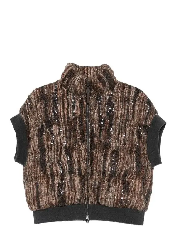 Brunello Cucinelli High Neck Sequin Embellished Vest - Brown
