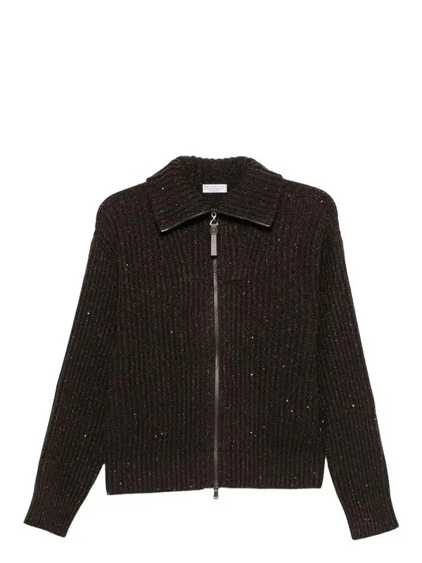 Brunello Cucinelli Ribbed Knit Sequin Embellished Zip Up Cardigan - Brown