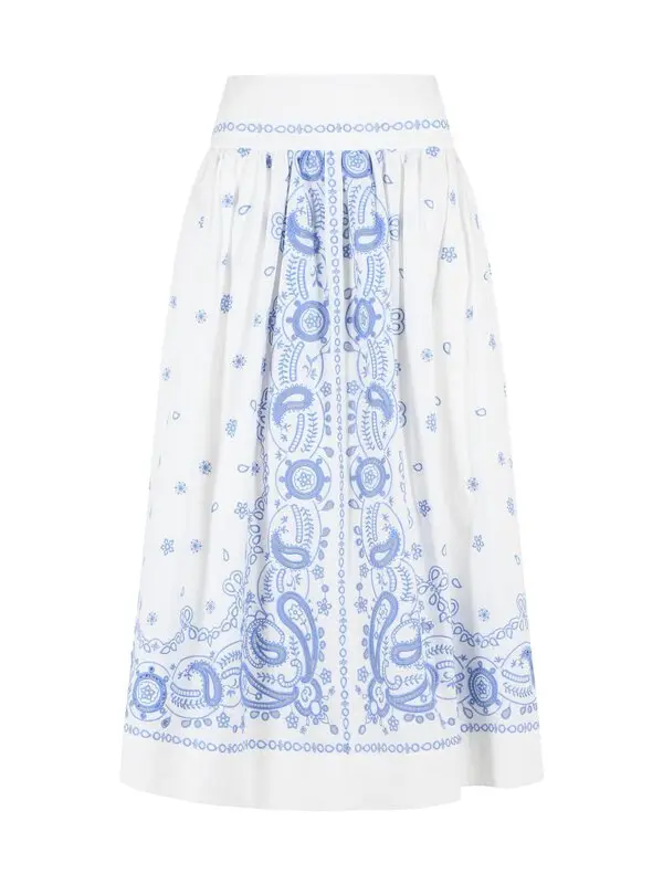SELF-PORTRAIT Embroidered Midi Skirt In And Blue Cotton - White