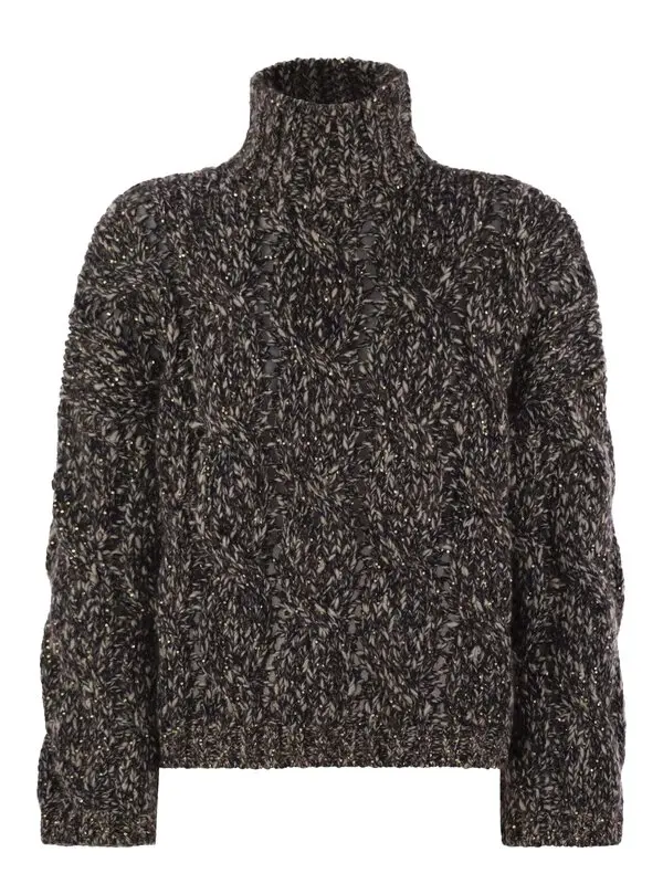 Brunello Cucinelli Soft Wool Cashmere And Mohair Turtleneck Sweater With Braided Design - Brown