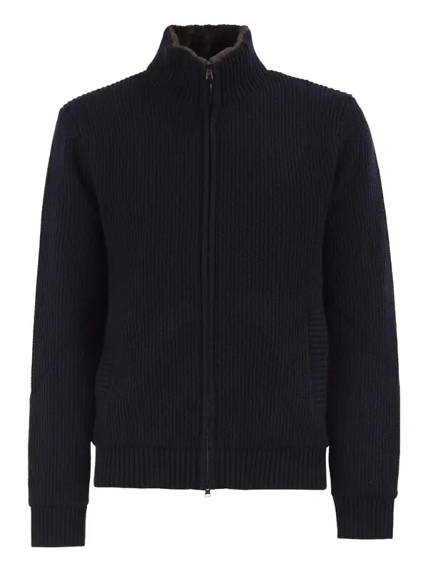 Herno Pure Wool Knit Jacket With Faux Fur Lining - Blue