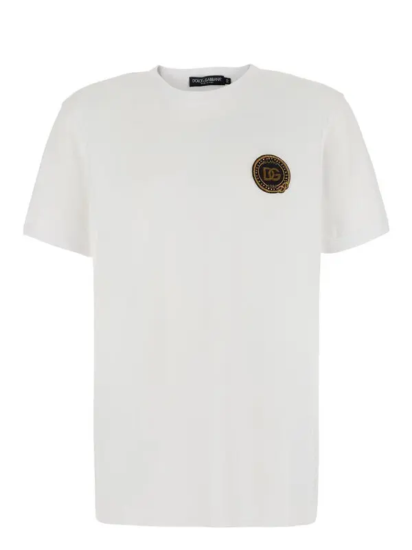 Dolce & Gabbana Crew Neck T-shirt With Logo Embroidery On The Front In Cotton For - White