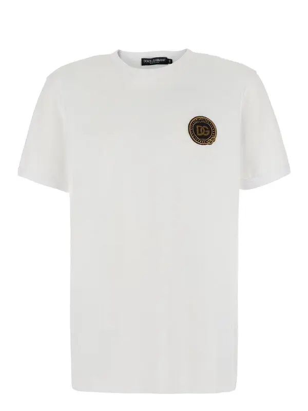 Dolce & Gabbana Crew Neck T-shirt With Logo Embroidery On The Front In Cotton For - White