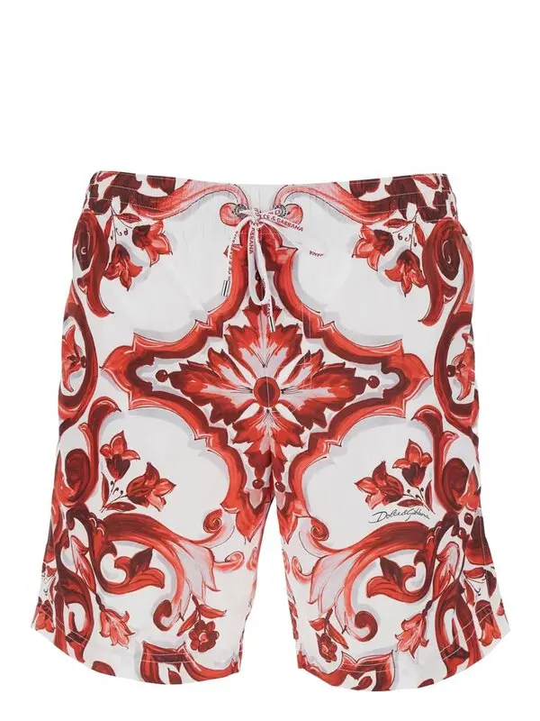 Dolce & Gabbana Bordeaux Swim Shorts With Drawstring Waist And All-over Maiolica Print In Tech Fabric For - Multicolor