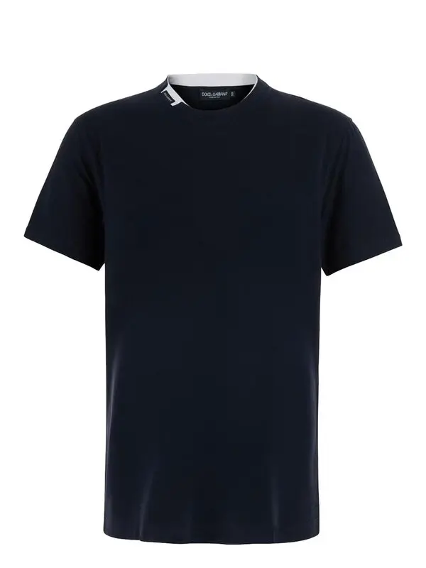 Dolce & Gabbana Blue Crew Neck T-shirt With Logo Patch On The Neck In Cotton For - Multicolor