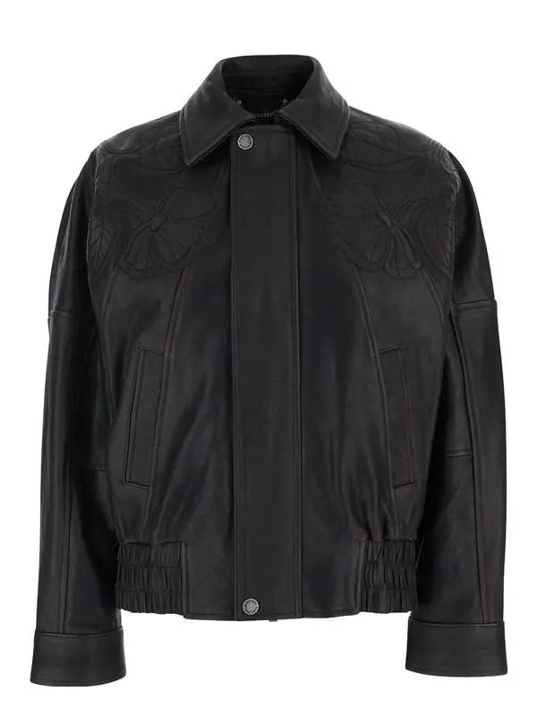 GOLDEN GOOSE Journey' Brown Jacket With Classic Collar And All-over Floral Embroidery In Leather For - Multicolor