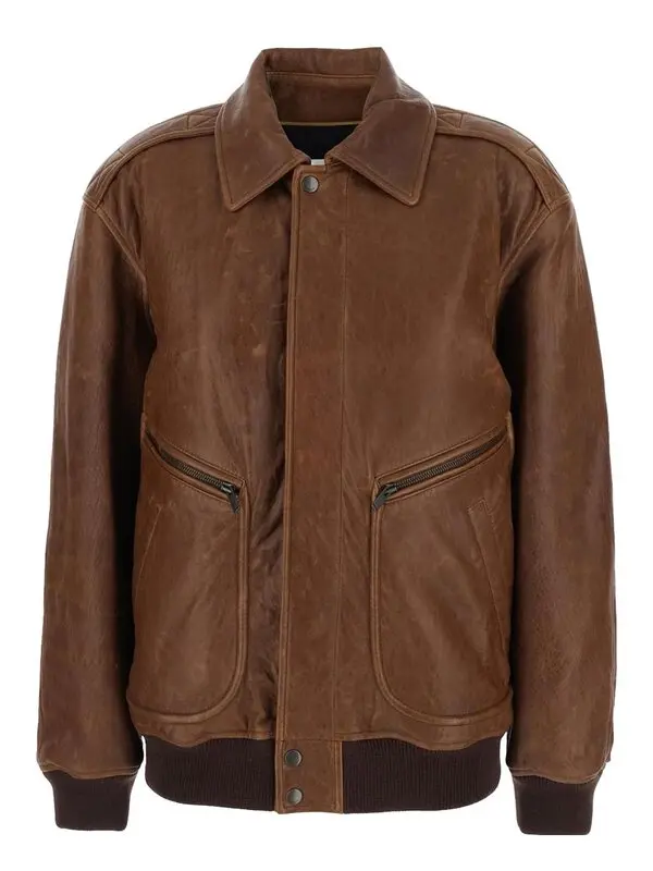 Saint Laurent Brown Leather Bomber Jacket With Classic Collar For - Multicolor