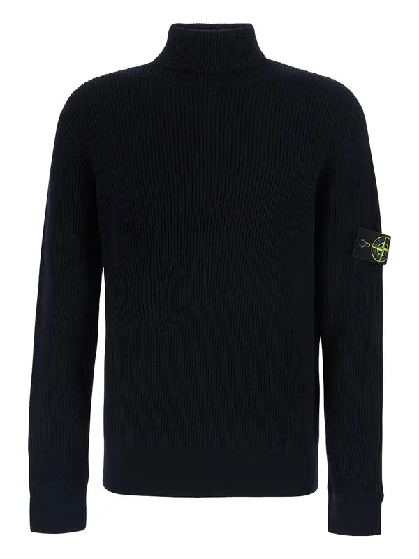 Stone Island Blue Sweater With High Collar And Logo Patch On The Sleeve - Multicolor