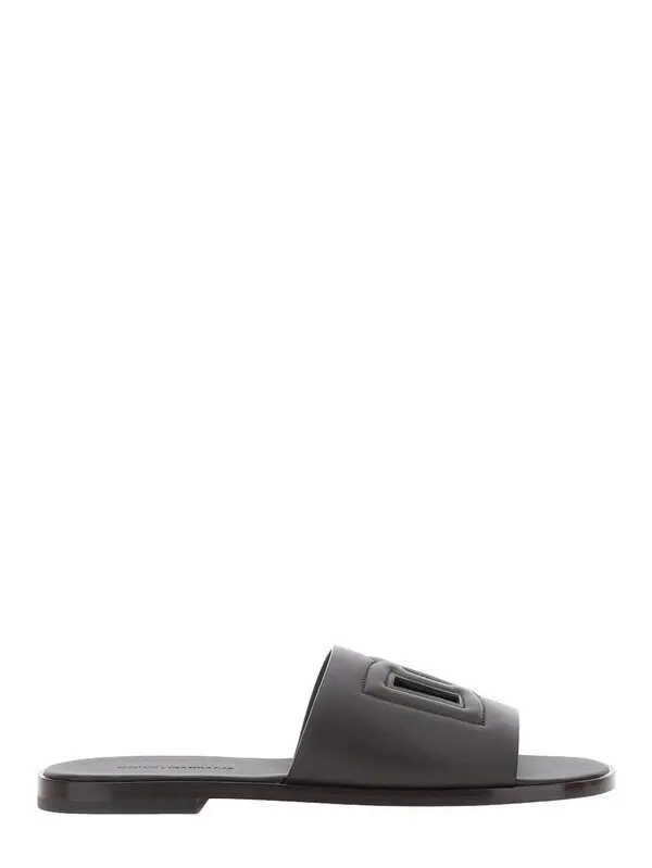 Dolce & Gabbana Leather Logo Cut-out Flat Sandals - Brown