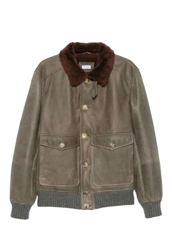 Brunello Cucinelli Shearling Trimmed Leather Jacket - Green