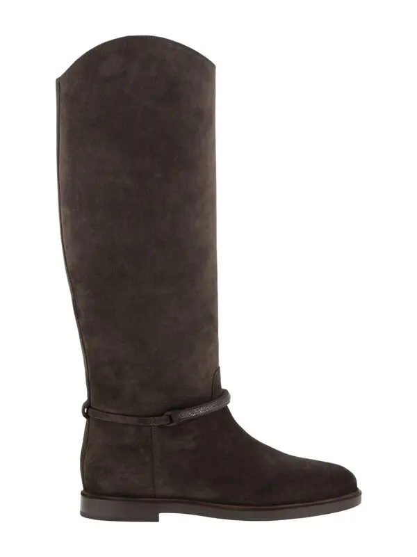 Brunello Cucinelli Suede Leather Knee-high Boots With Monili Detail - Brown