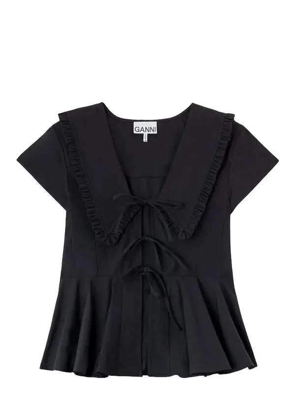 GANNI Ruffled Oversized Collar Front Tie Fastening Peplum Blouse - Black