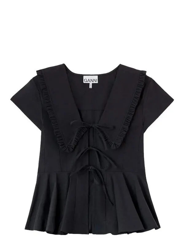 GANNI Ruffled Oversized Collar Front Tie Peplum Blouse - Black
