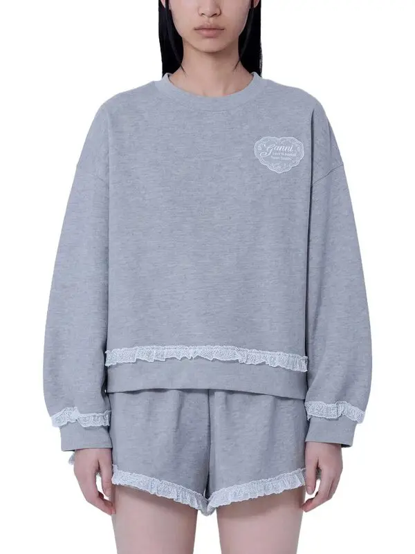 GANNI Organic Cotton Sweatshirt With Lace Details - Gray