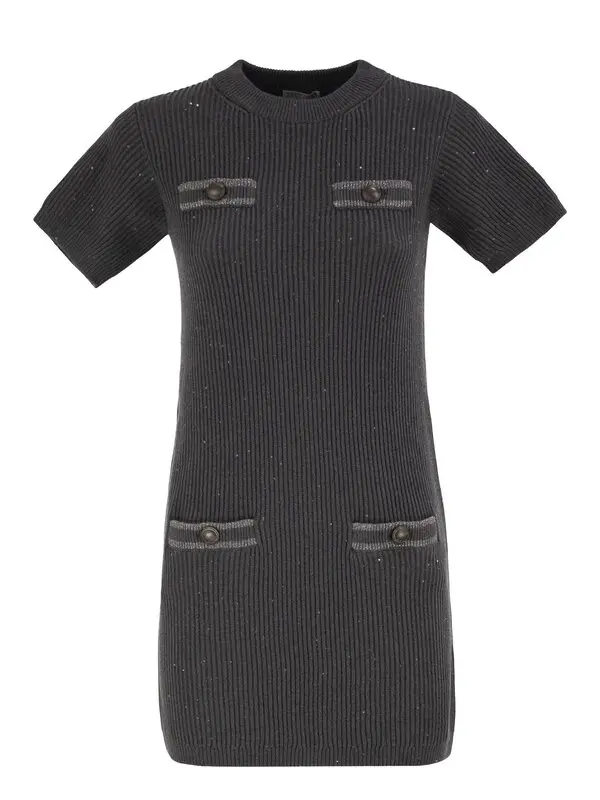 Brunello Cucinelli Ribbed Knit Dress With Sequins And Patch Pockets - Multicolor