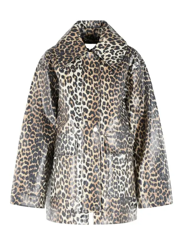 GANNI Leopard Print Cotton Blend Oversized Jacket - Brown