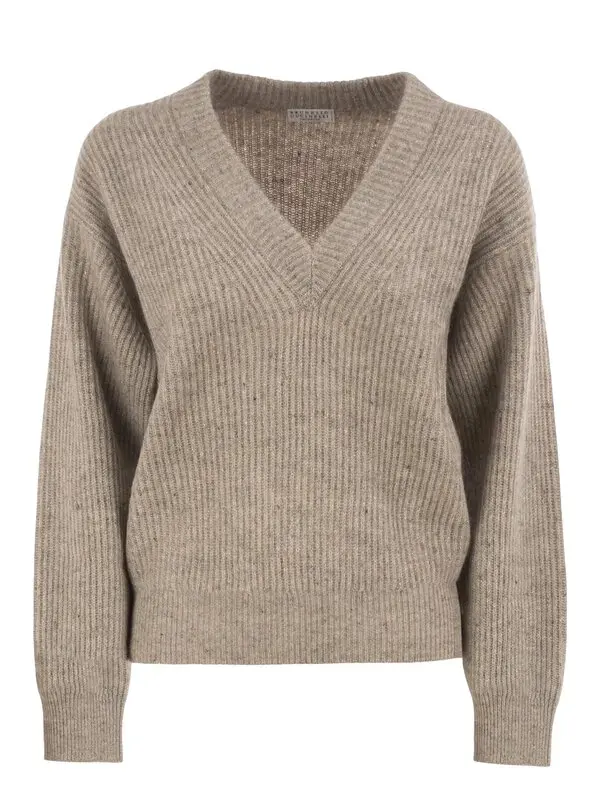 Brunello Cucinelli Ribbed Cashmere, Mohair And Wool Jumper With Luminous Yarn - Cream