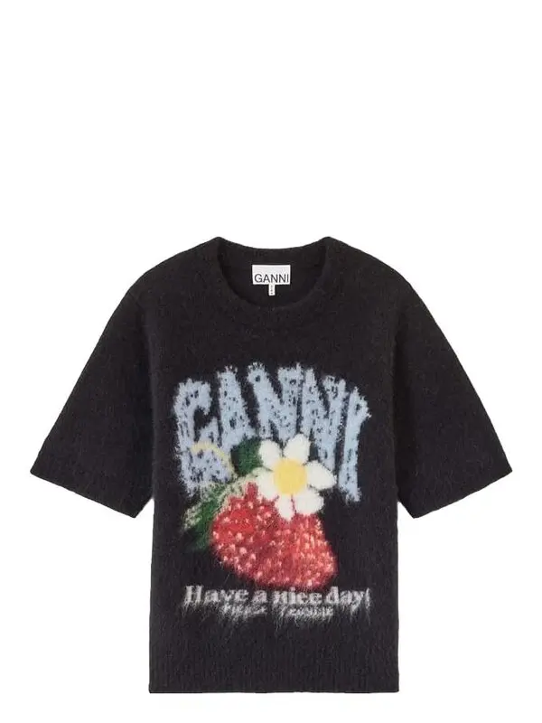 GANNI Short Sleeve Intarsia Knit Jumper - Black