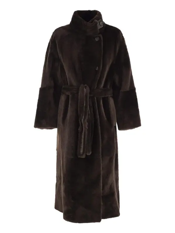 Brunello Cucinelli Long Shearling Coat With Belt - Brown