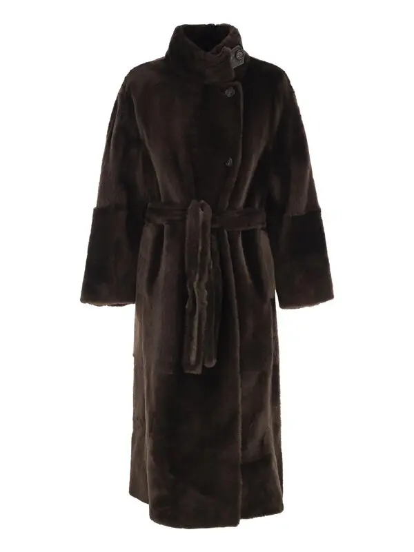 Brunello Cucinelli Long Shearling Belted Coat - Brown