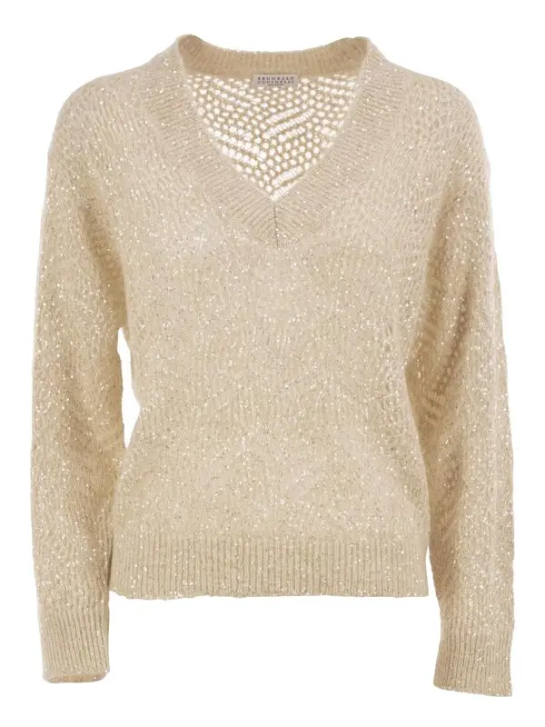 Brunello Cucinelli Openwork Sequined Mohair Sweater - Cream