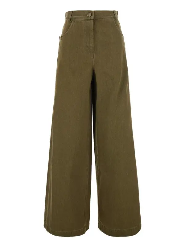 Max Mara Alaro' Green Jeans With Patch Pockets On The Back And Wide Leg In Denim For - Multicolor