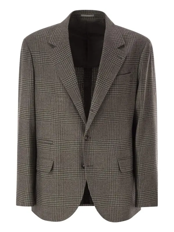 Brunello Cucinelli Prince Of Wales Wool And Cashmere Blazer With Tailored Construction - Gray