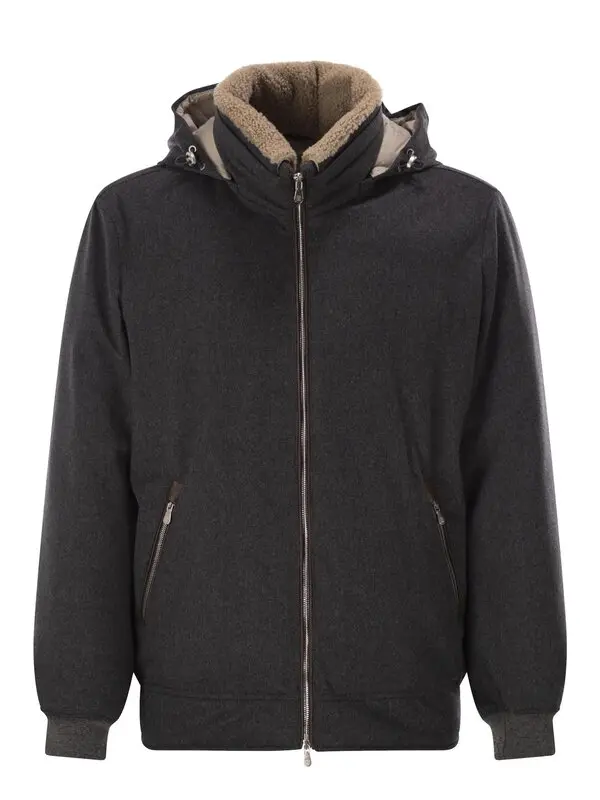 Brunello Cucinelli Membranated Wool Flannel Down Jacket With Shearling-lined Collar - Multicolor