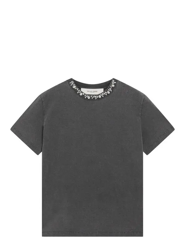 GOLDEN GOOSE Cotton T-shirt With Cabochon Crystals - Gray