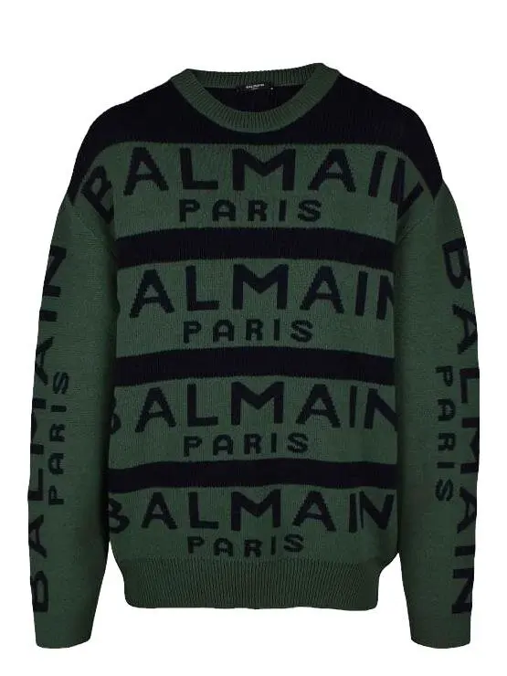 Balmain Logo Wool Pullover - Green