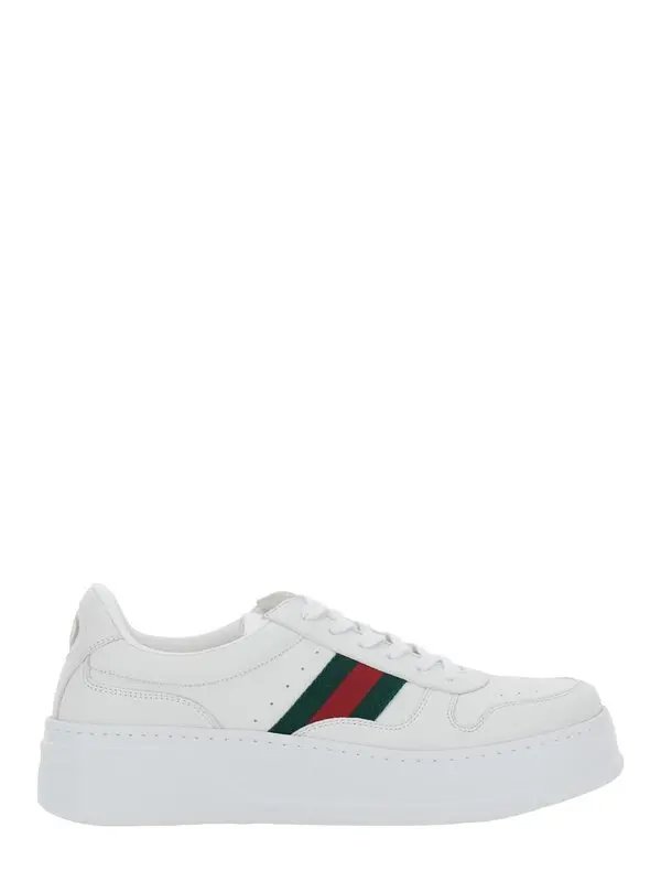 Gucci Leather Sneaker With Web Detail And Oversized Sole - Multicolor