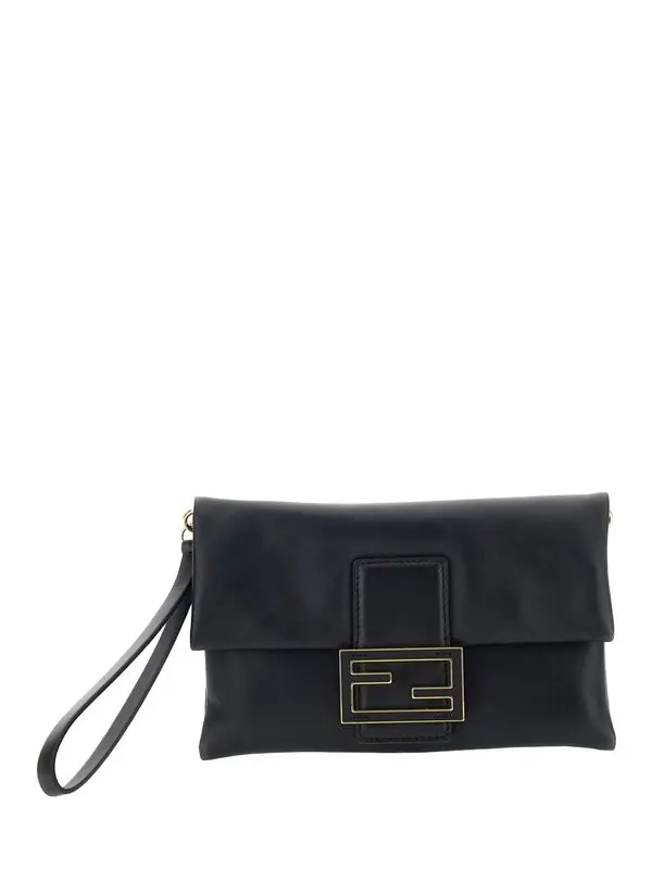 Fendi Black Pouch With Wrist Strap And Ff Plate Closure On The Front In Leather - Multicolor